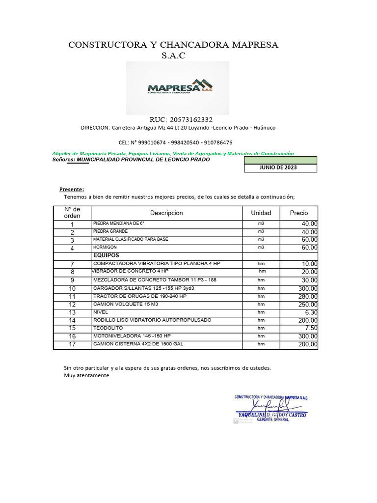 Cotizacion Mapresa Sac Agregados y Equipos Ganador | PDF