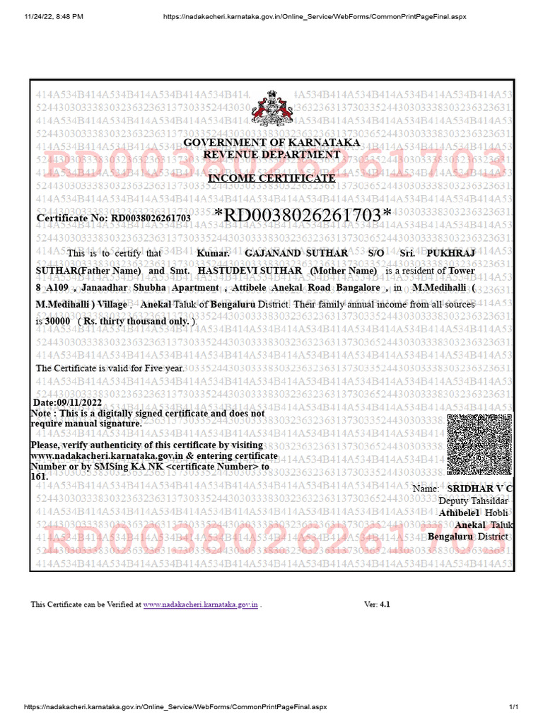 Income Certificate Number Details | PDF