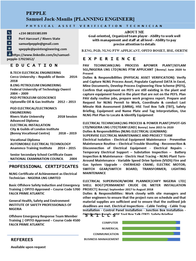 Samuel Pepple: Planning Engineer Resume | PDF | Liquefied Natural Gas ...