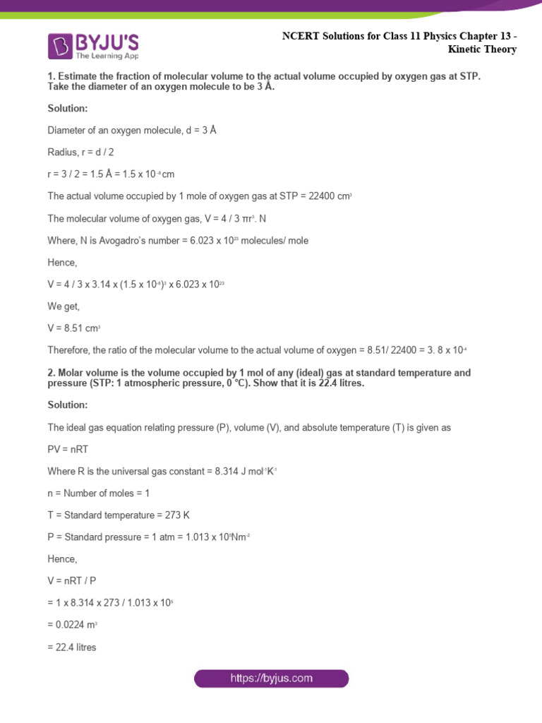 NCERT Solutions For Class 11 Physics 15may Chapter 13 Kinetic Theory | PDF | Gases | Mole (Unit)