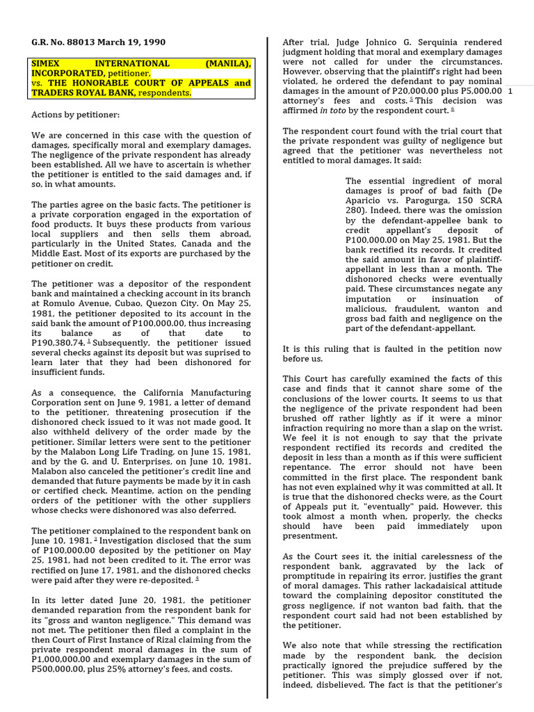 Court Ruling on Moral Damages for Bank Negligence | PDF | Damages ...