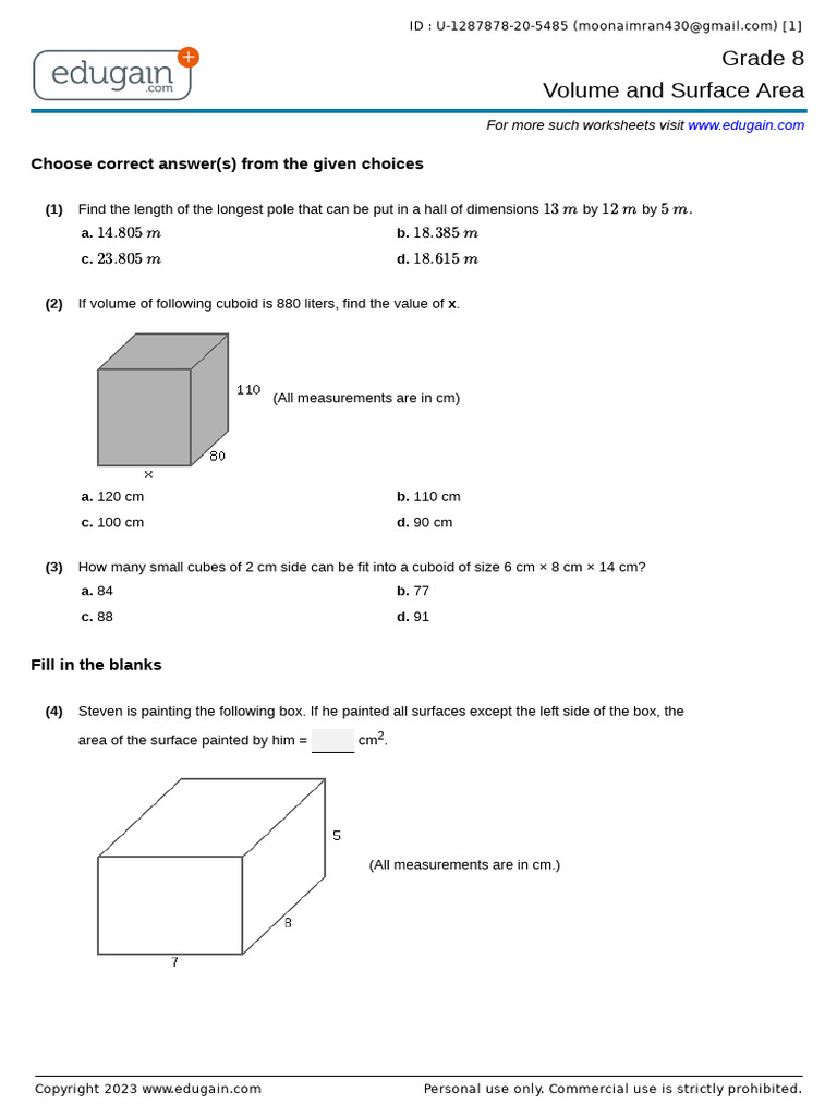 Grade 8 Volume and Surface Area Worksheet | PDF | Volume | Area