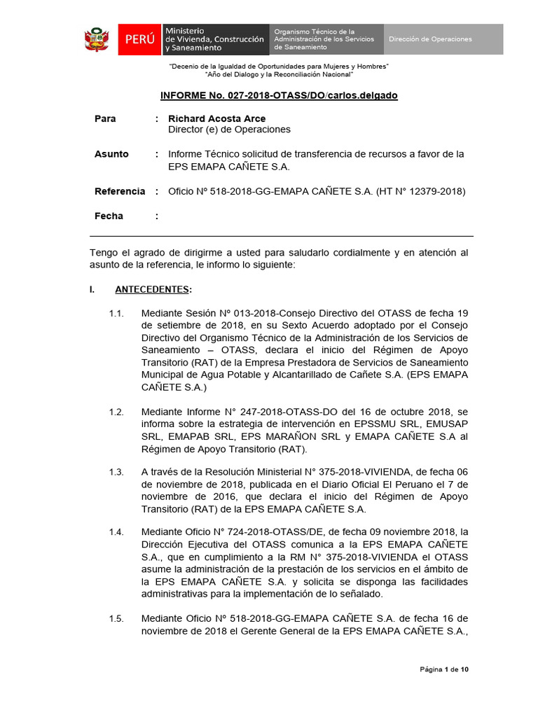 Informe Do A La de - Emapa Cañete - 04 Dic 2018-1 | PDF