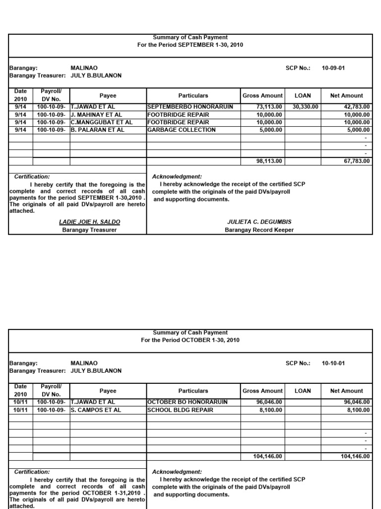 Summary of Cash Payments | PDF | Payments | Services (Economics)