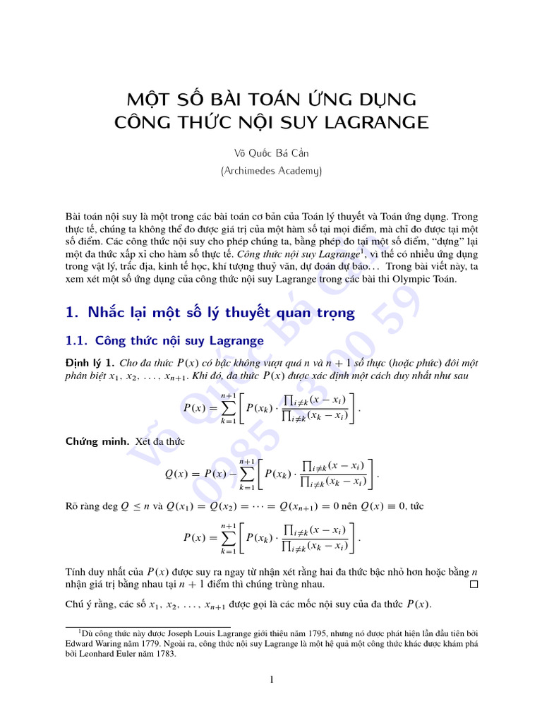 (Võ Quốc Bá Cẩn) Một Số Bài Toán Ứng Dụng Công Thức Nội Suy Lagrange | PDF