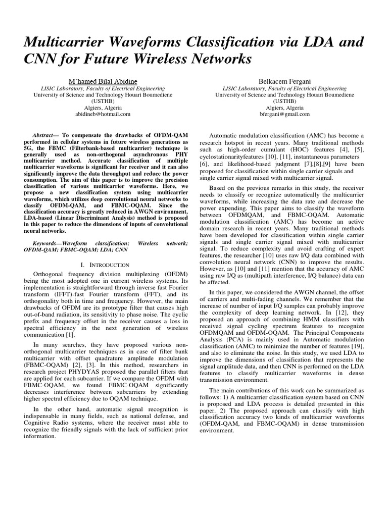 Multicarrier Waveforms Classification via LDA and CNN for Future ... Multicarrier Waveforms Classification via LDA and CNN for Future ...