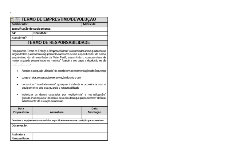 TERMO DE EMPRESTIMO EPI S GERAL - MOdelo | PDF