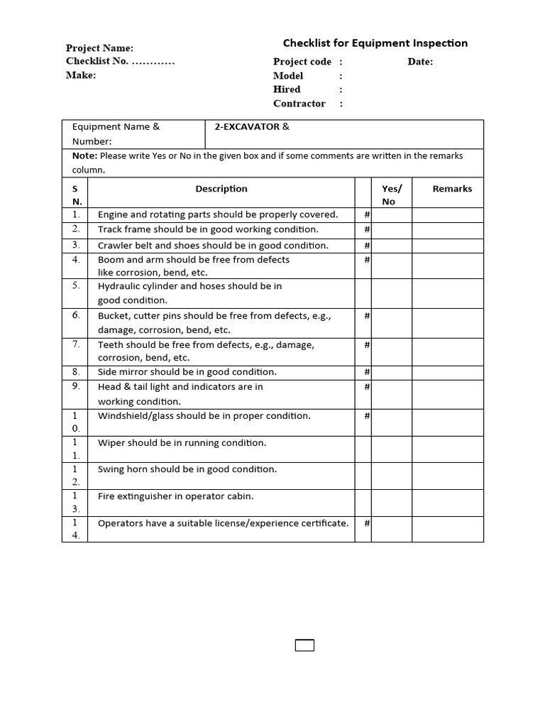 Inspection Checklist For EXCAVATOR (AD-Internal) | PDF