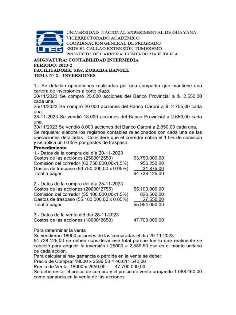 Ejercicio de Contabilidad Intermedia Inversiones | PDF