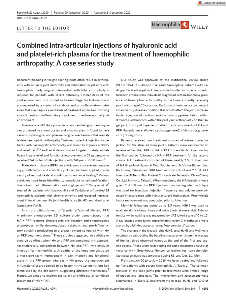 Haemophilia - 2020 - Liou - Combined Intra Articular Injections of Hyaluronic Acid and Platelet ...