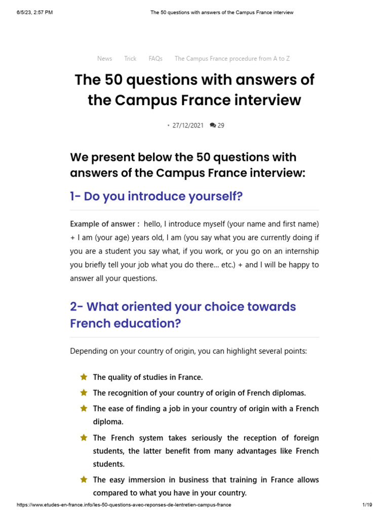 The 50 Questions With Answers of The Campus France Interview | PDF ...