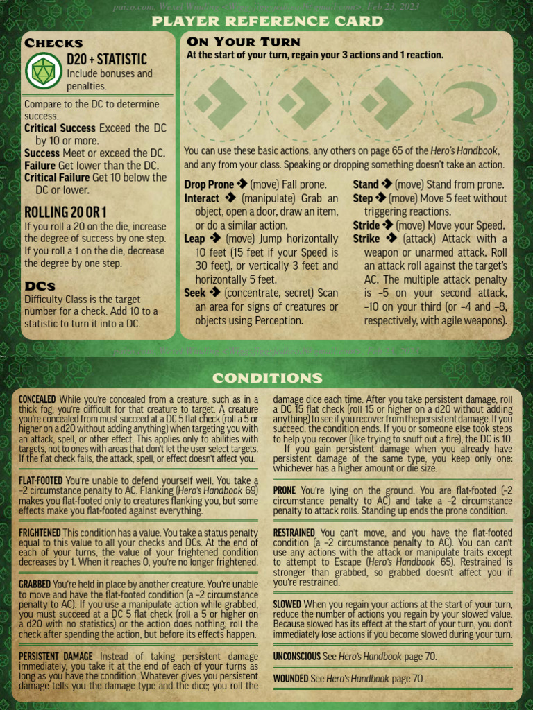 Player Reference Card Pf2e | PDF