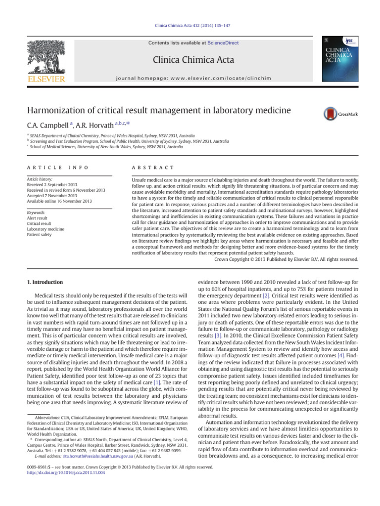 Harmonization of Critical Result Management in Laboratory Medicine ...