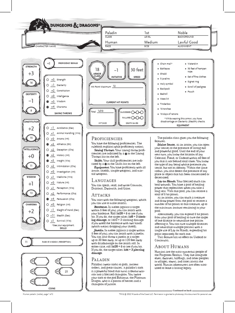Paladin Pregenerated Character Sheet For Dragons of The Stormwreck Isle | PDF | Dungeons ...