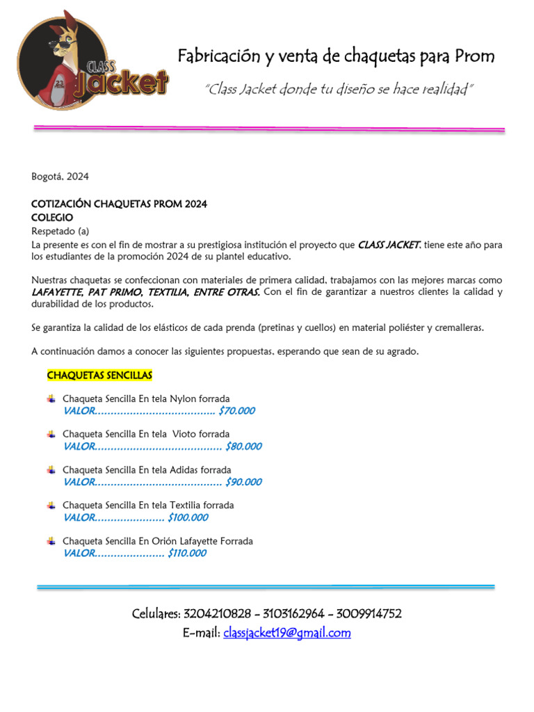 Cotización Chaquetas Prom 2024 Bogotá | PDF