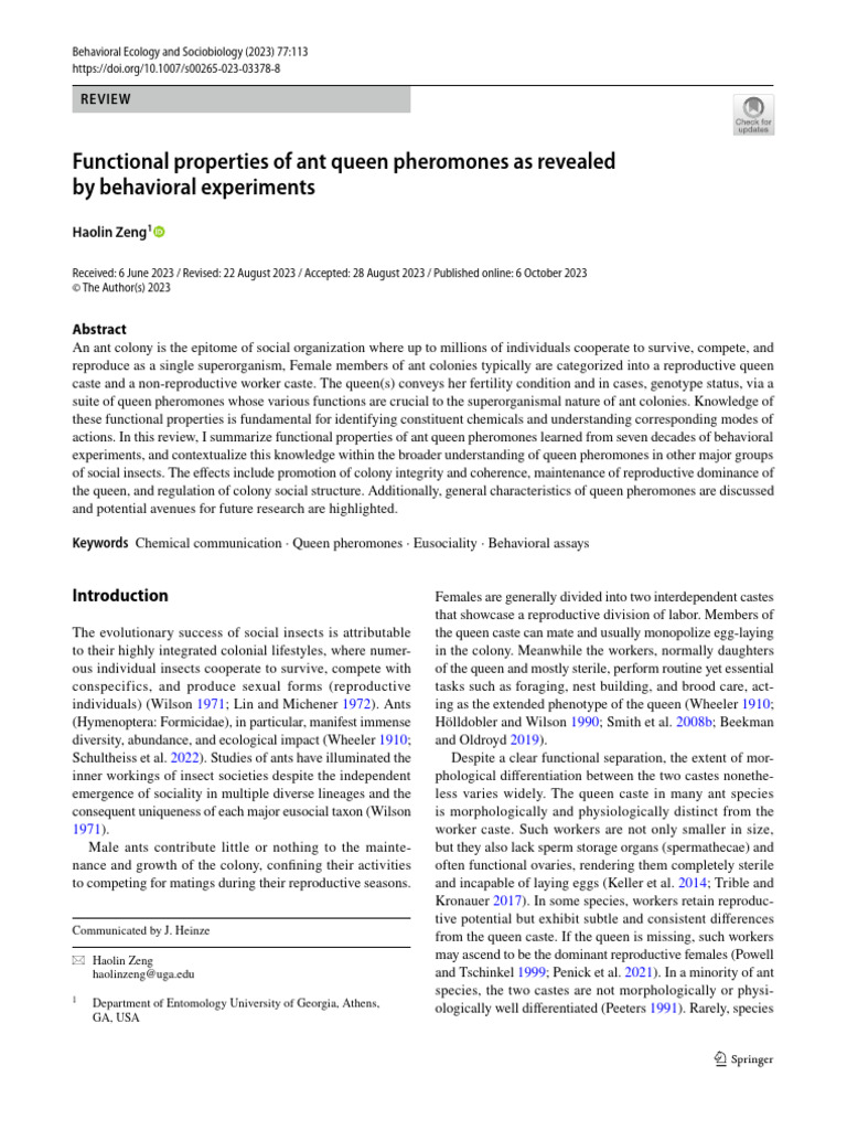 Functional Properties of Ant Queen Pheromones As Revealed by Behavioral Experiments | PDF ...