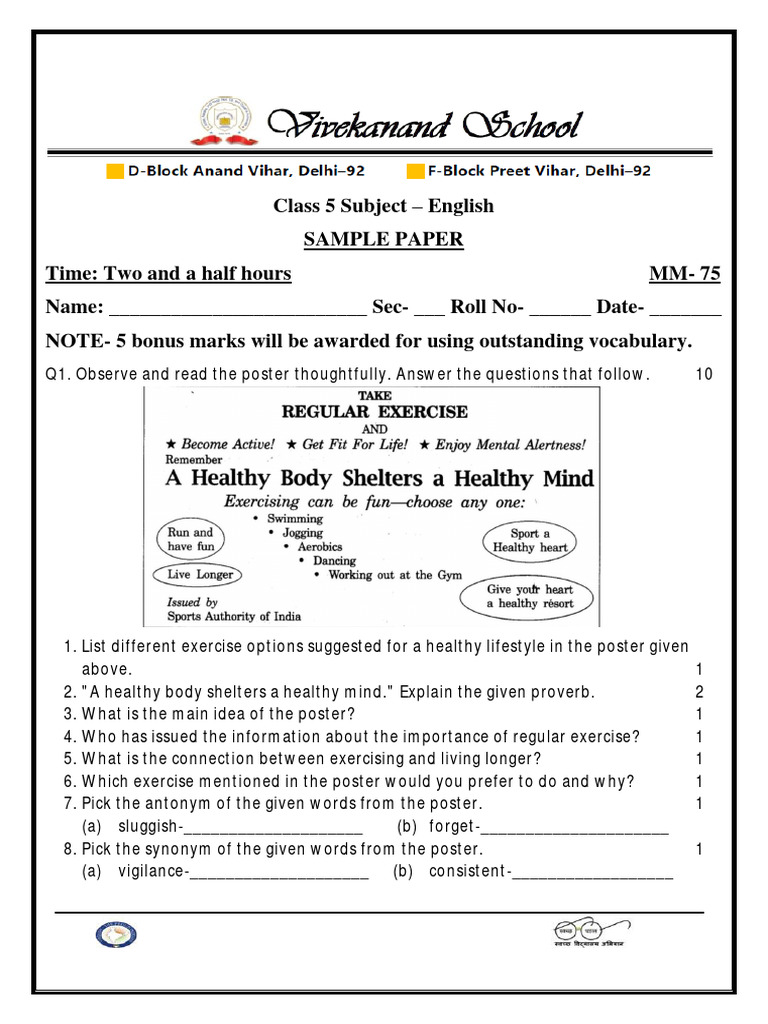 Class 5 Sample Paper English 20240128225454152 | PDF | Human ...