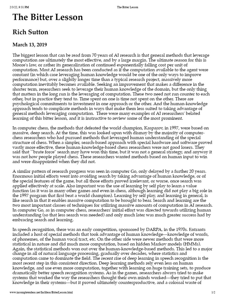 The Bitter Lesson - Rich Sutton | PDF | Deep Learning | Artificial ...