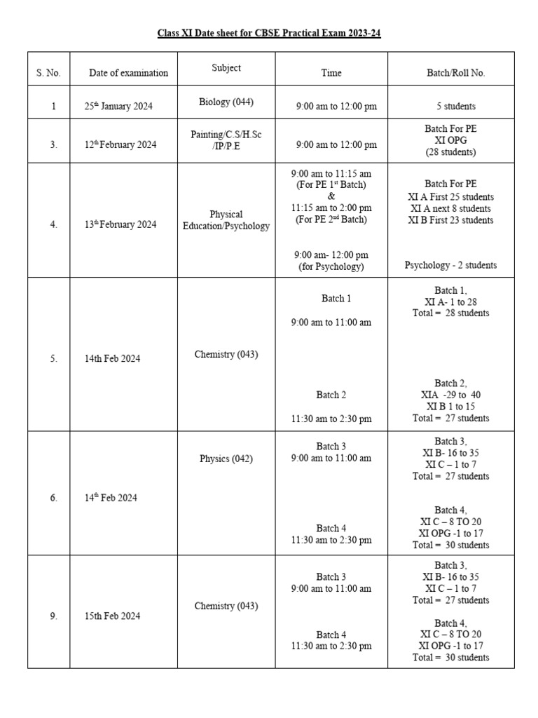 Practical Date Sheet Science 11th 2023-24 | PDF | Educational Stages | Qualifications