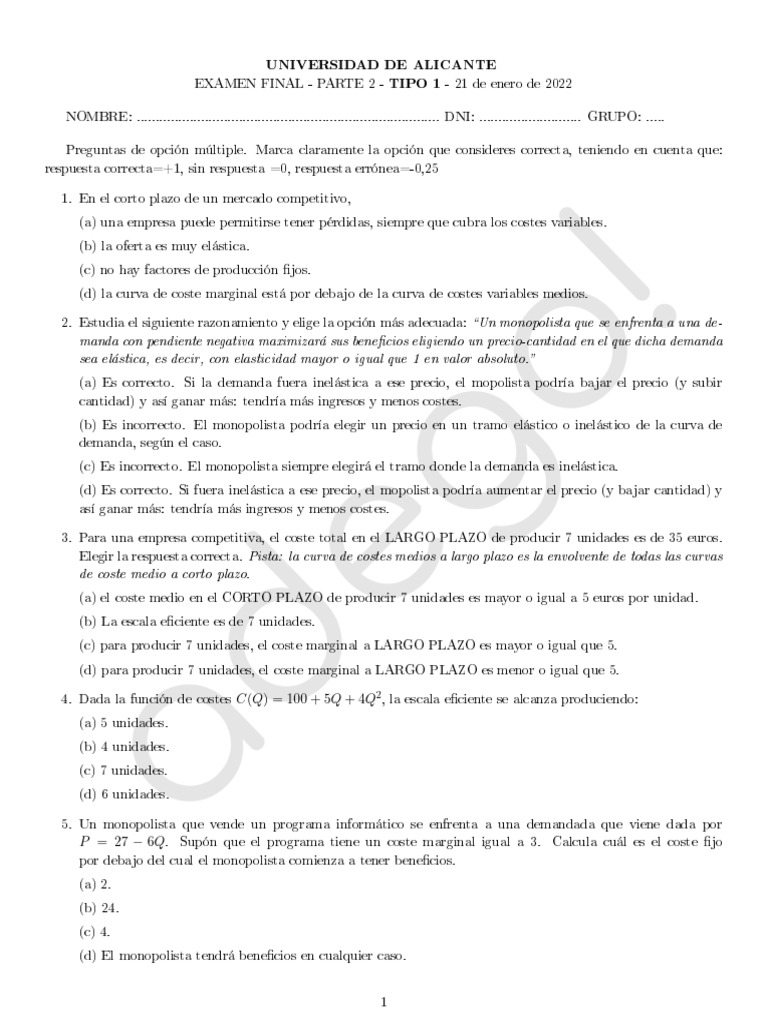 Examen Final Intro A La Micro 2022 Segunda Parte | Descargar gratis PDF | Oferta y demanda ...