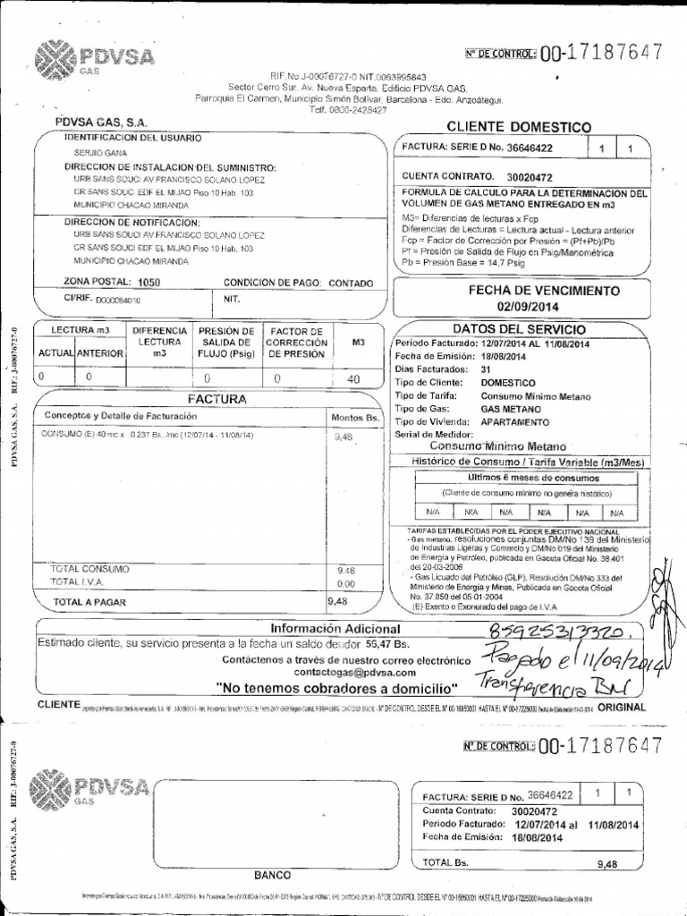 Factura Pdvsa Gas SG | PDF