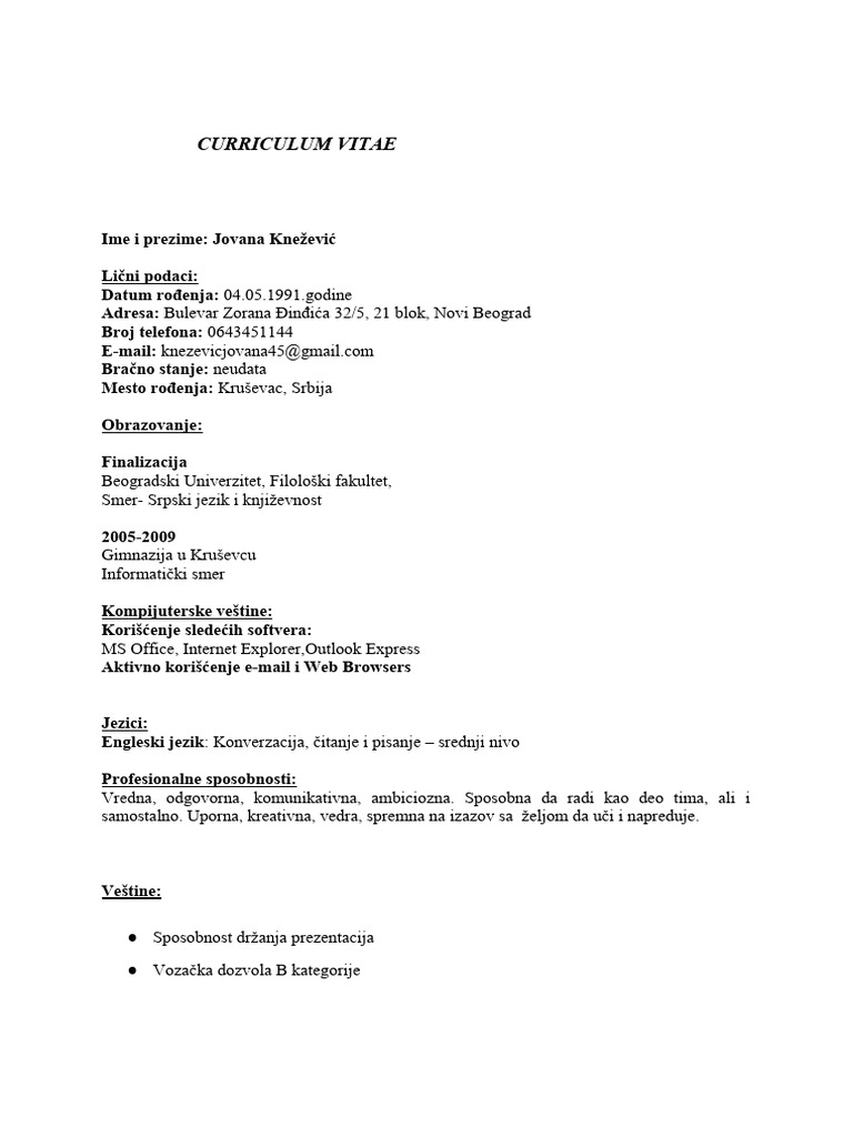 CV .Docx Jovana Knežević | PDF