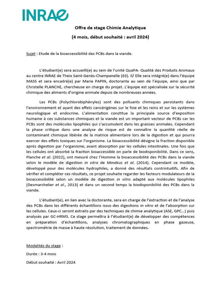 Offre de Stage INRAE - Version Finale | PDF