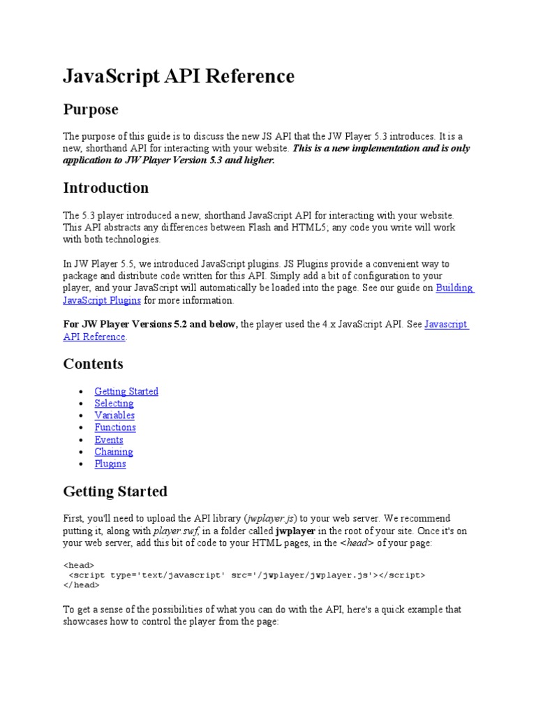 JWPlayer Javascript API Reference | PDF | Java Script | Websites