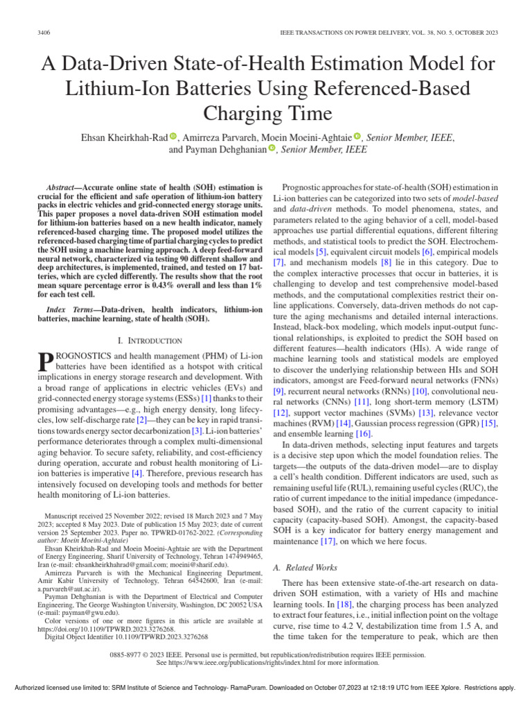 A Data Driven State Of Health Estimation Model For Lithium Ion