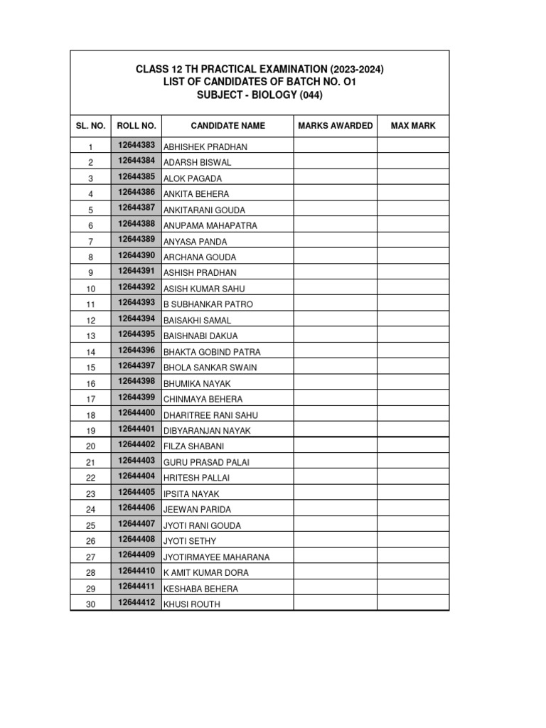 Biology Practical Batch List | PDF
