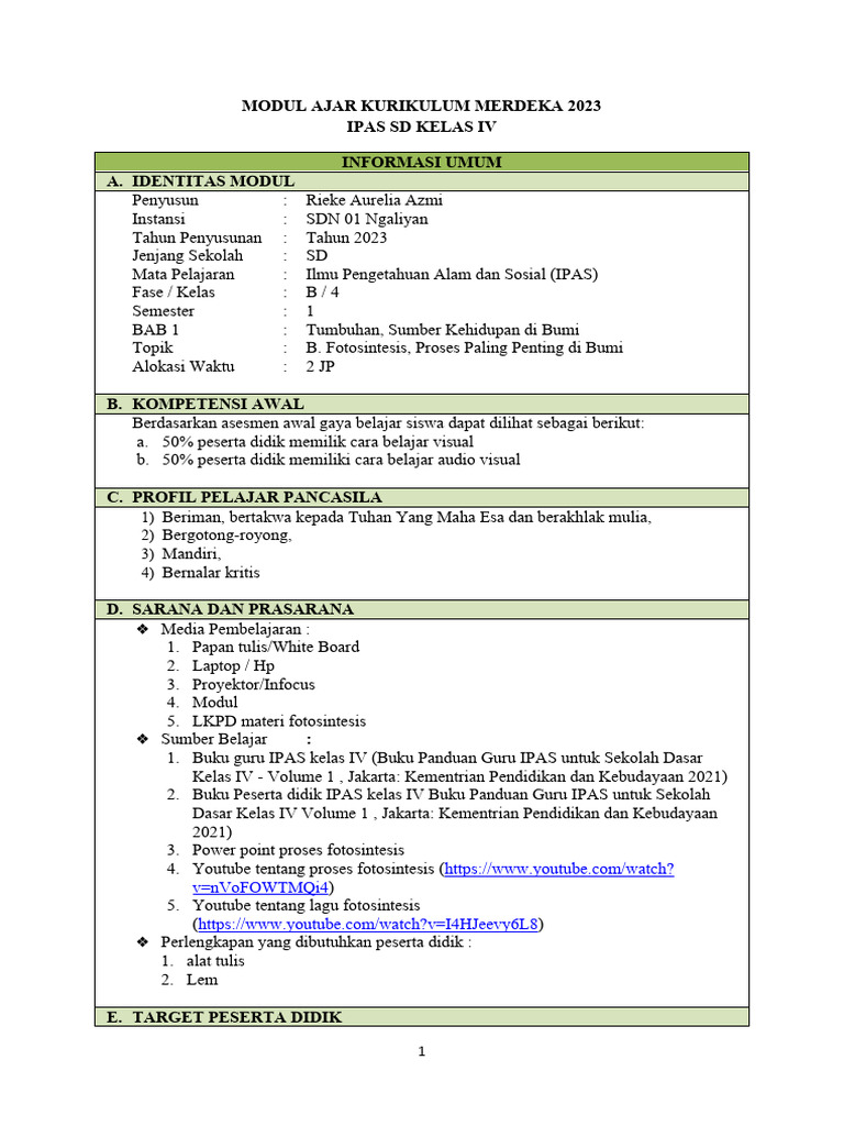 Modul Ajar Ipas Kelas 4 Kurikulum Merdeka | PDF | Karier & Perkembangan | Kajian Bahasa Asing