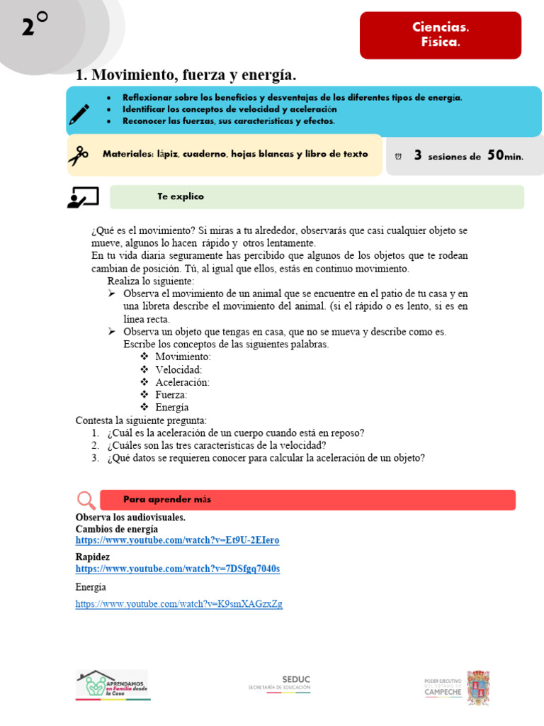 Secundaria: 1. Movimiento, Fuerza y Energía | PDF | Fuerza | Velocidad