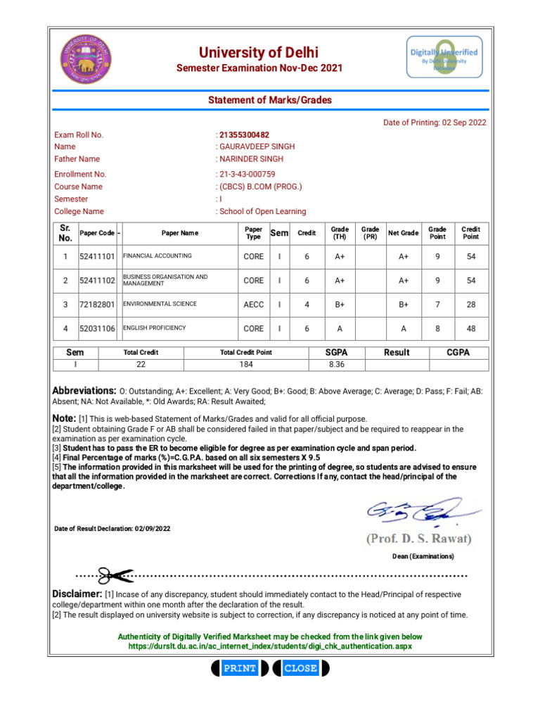 Delhi Univ B.Com Semester I Marks | PDF