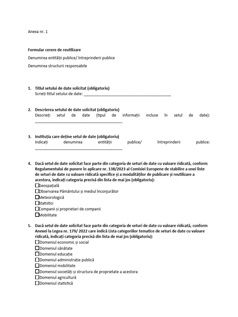 Anexa 1 Model Formular Cerere de Reutilizare 25.09.2023 | PDF