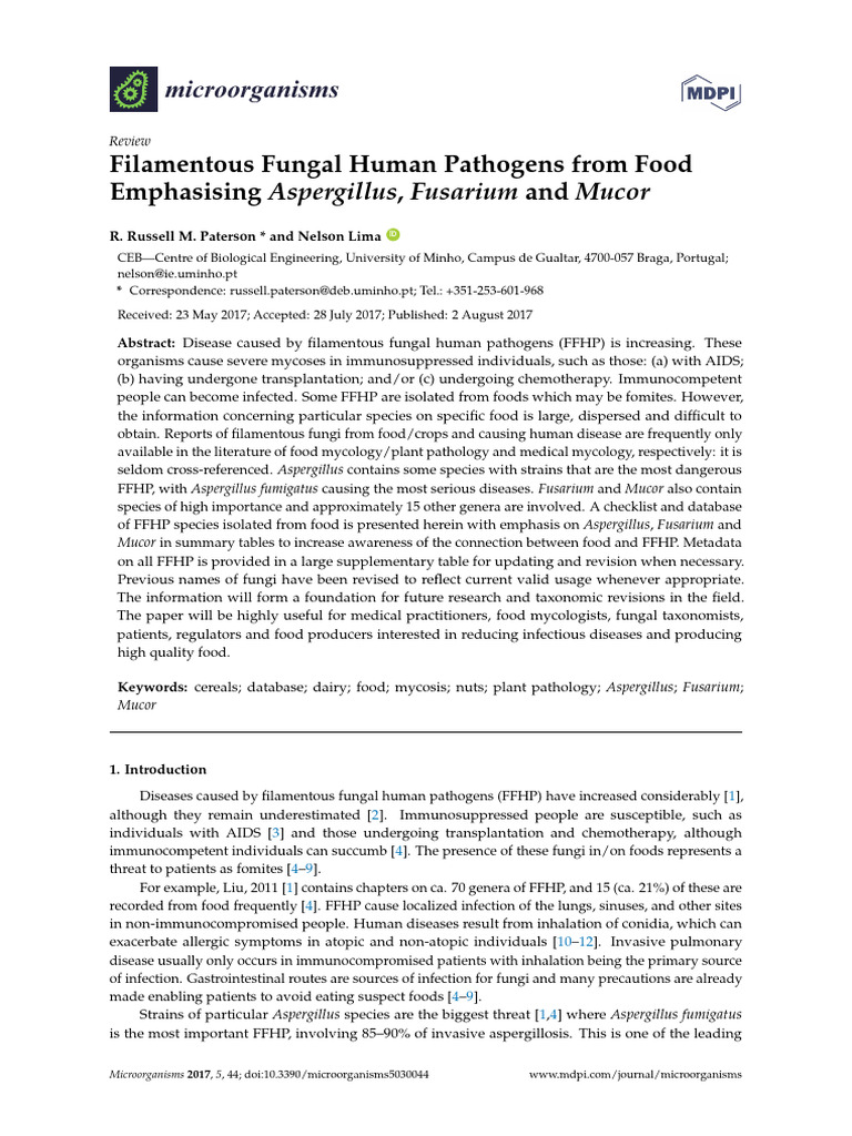 Filamentous Fungal Human Pathogens From Food | Download Free PDF ...