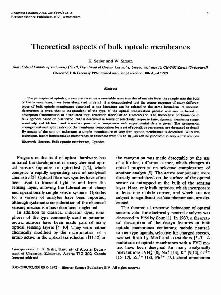Theoretical Aspects of Bulk Optode Membranes | PDF | Ph | Ion Exchange