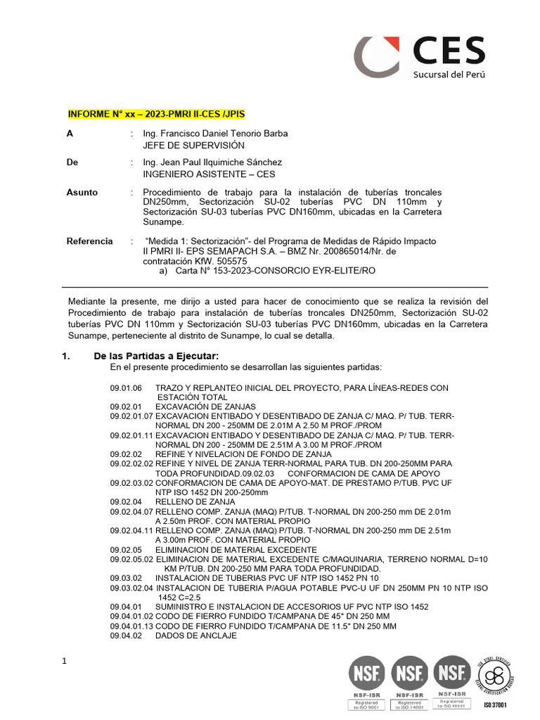 PT para instalacion de tuberias en Troncal Sunampe PVC DN250, SU02 PVC DN110 y SU03 PVC (1 ...