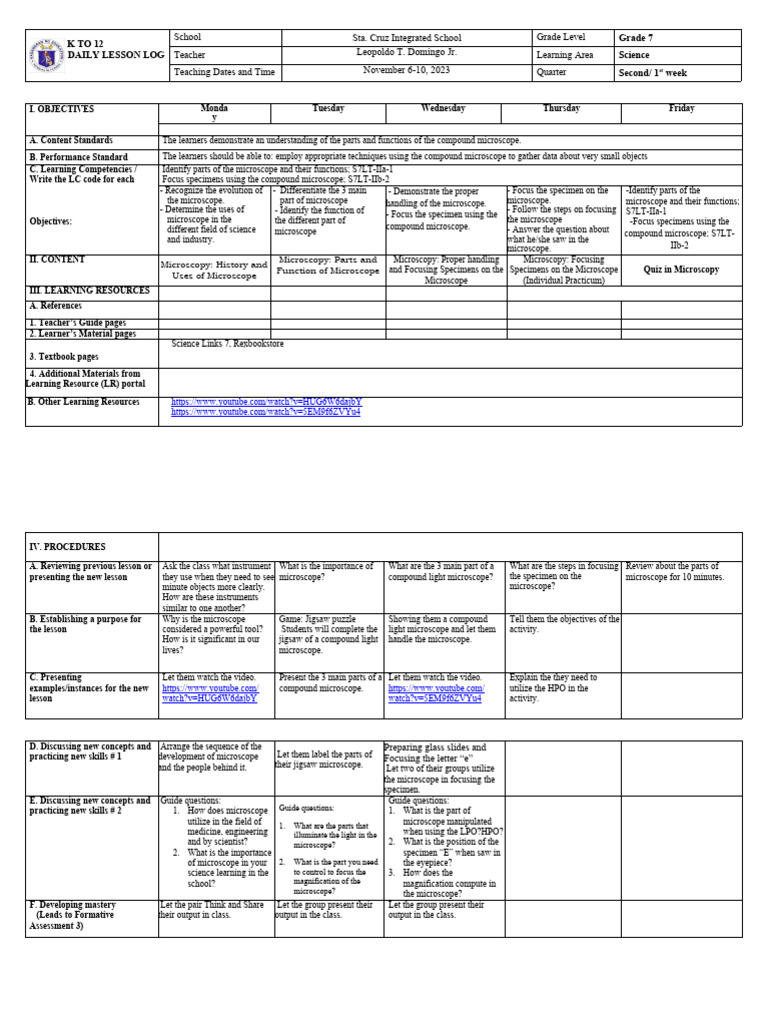 Q2 Week 1 Science 7 DLL | PDF | Microscope | Cognitive Science