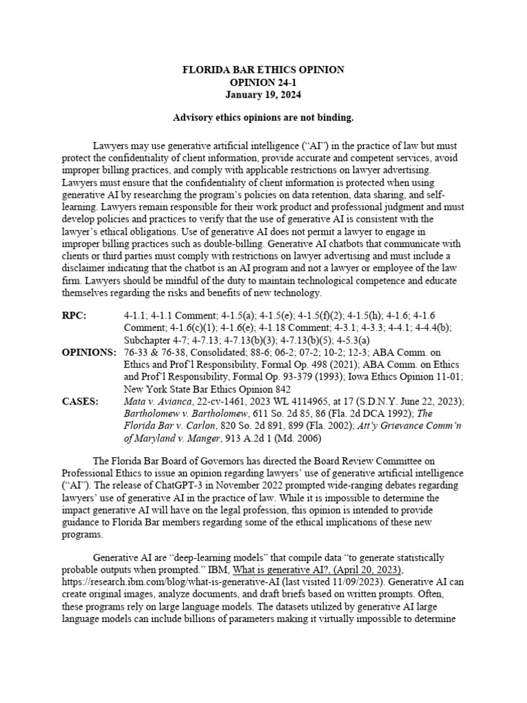 FL Bar Ethics Op 24 1 | PDF | Lawyer | Artificial Intelligence