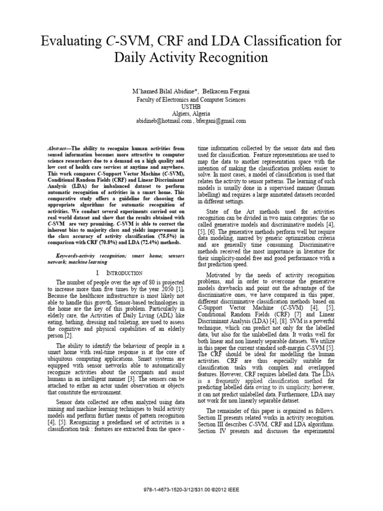 Evaluating C Svm Crf And Lda Classification For Daily Activity