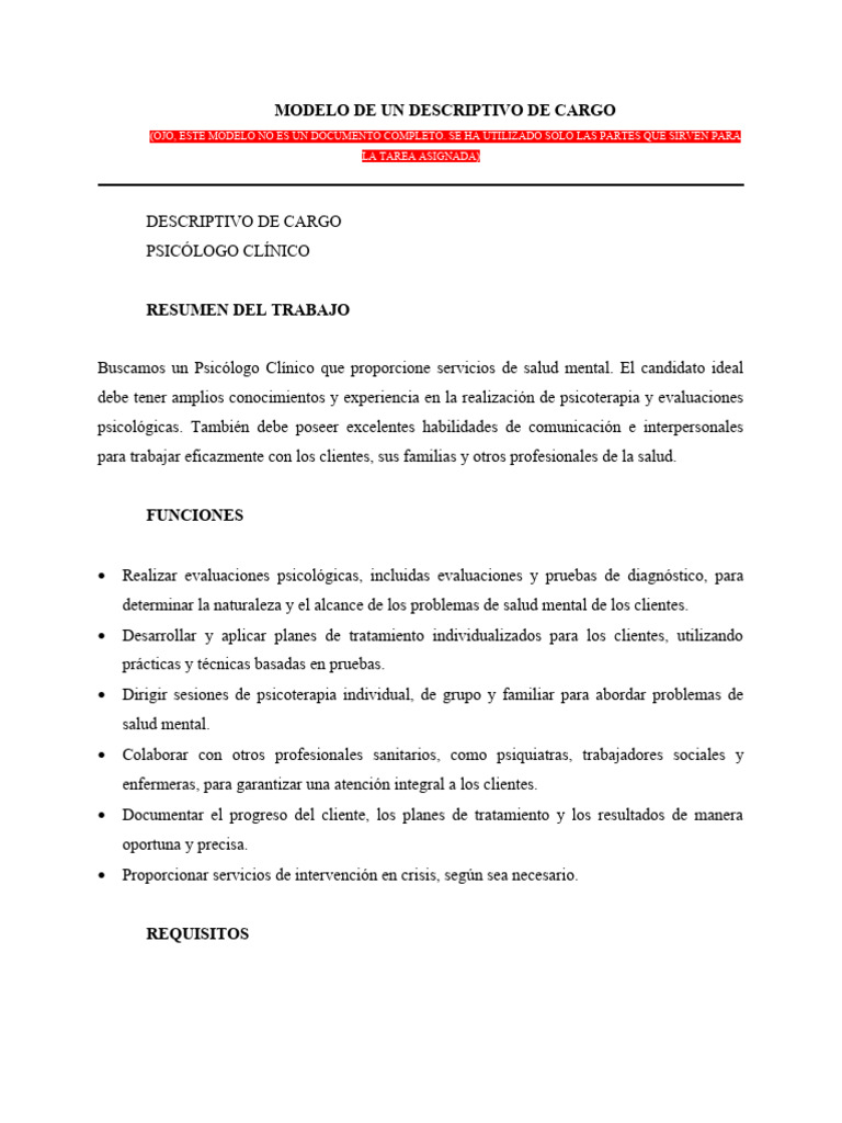 MODELO DE UN DESCRIPTIVO DE CARGO._PSICOLOGO CLINICOdocx | PDF