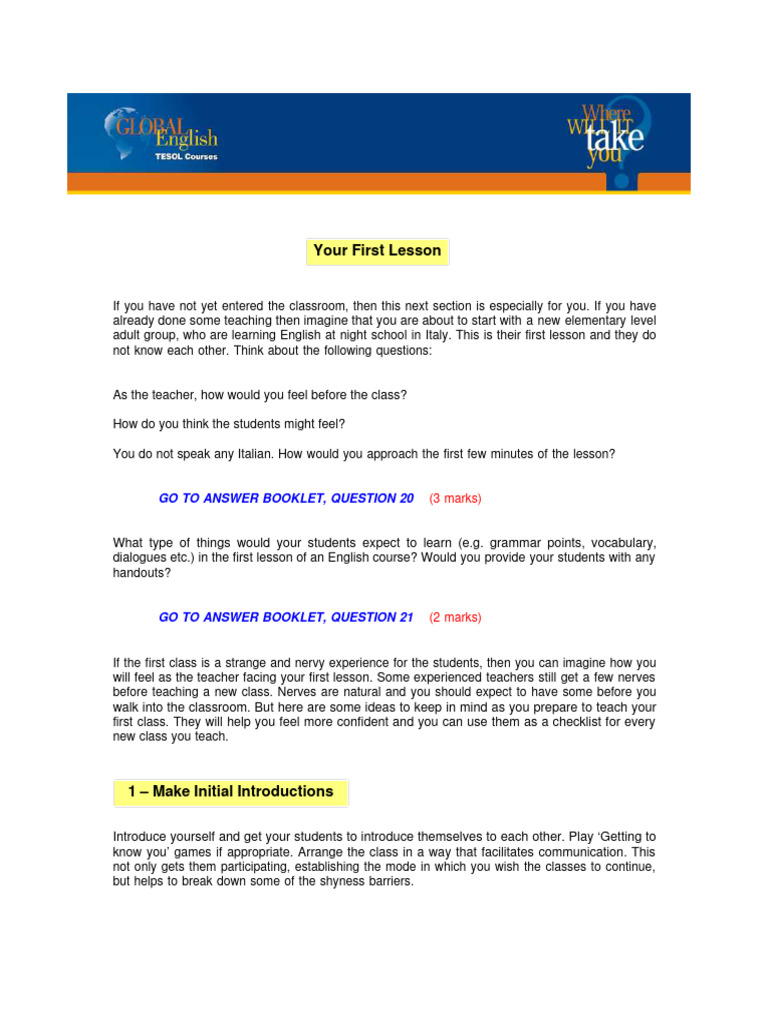 Sample e Your First Lesson-2 | PDF | Teachers | Classroom