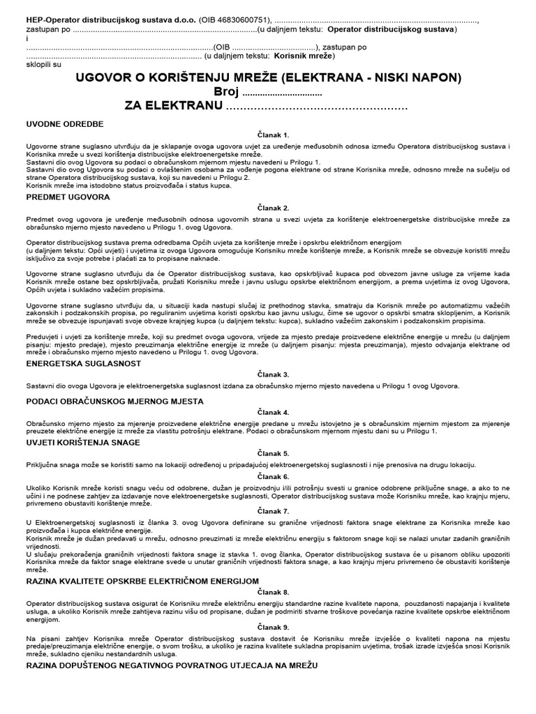 Ugovor o Korištenju Mreže Za Elektrane Do 30 KW | PDF