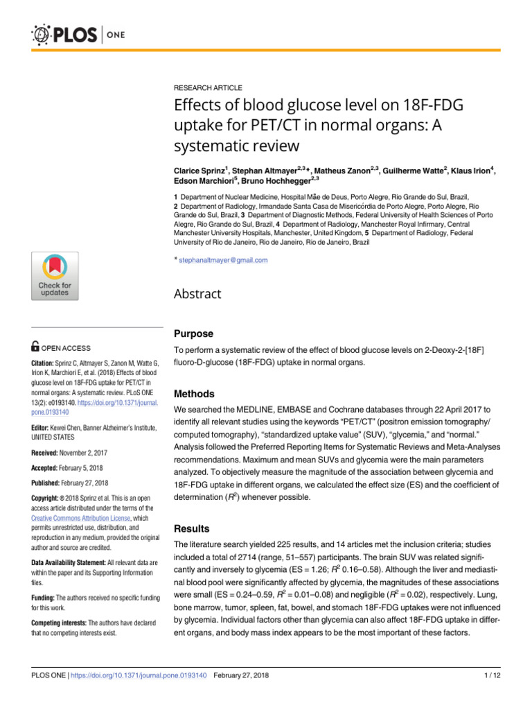 Effects of Blood Glucose Level On 18F FDG Uptake For PET CT in Normal ...