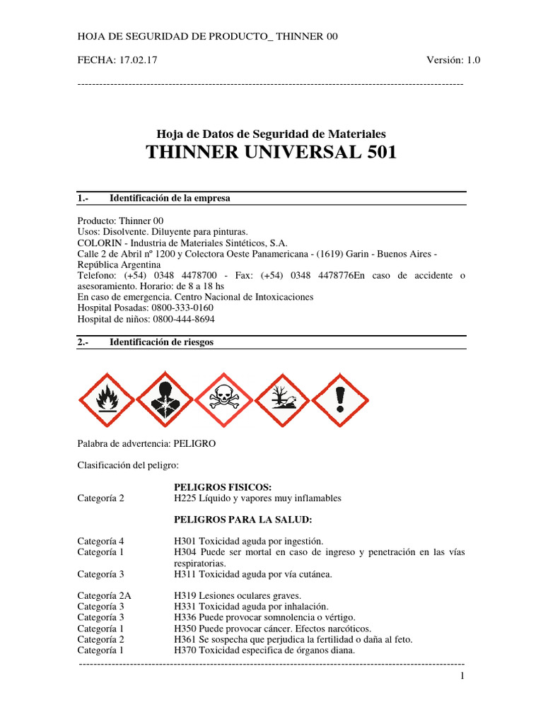Thinner 501 Hoja de Seguridad | Descargar gratis PDF | Agua | Tolueno