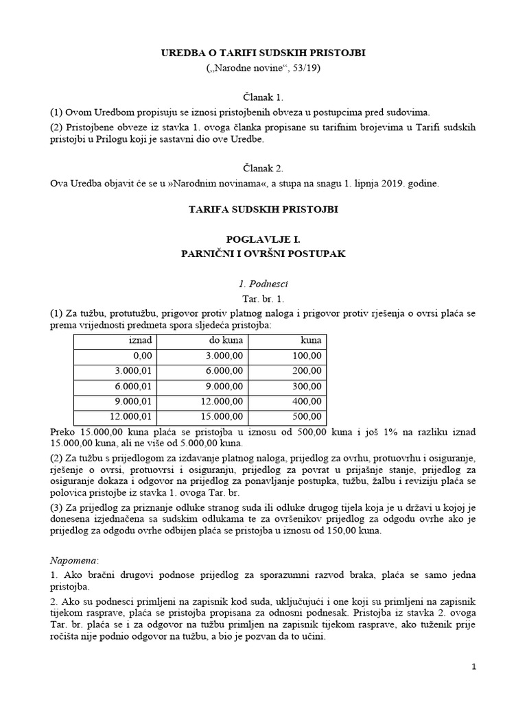 Uredba o Tarifi Sudskih Pristojbi | PDF