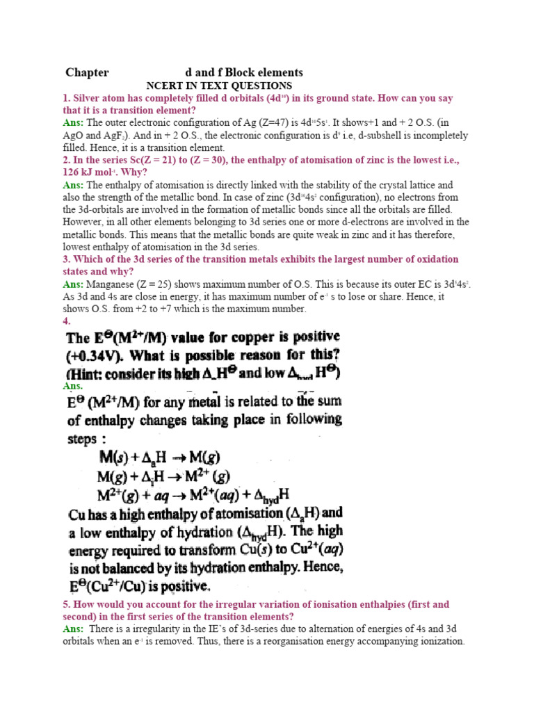 NCERT D and F Block Elements Overview | PDF | Transition Metals ...