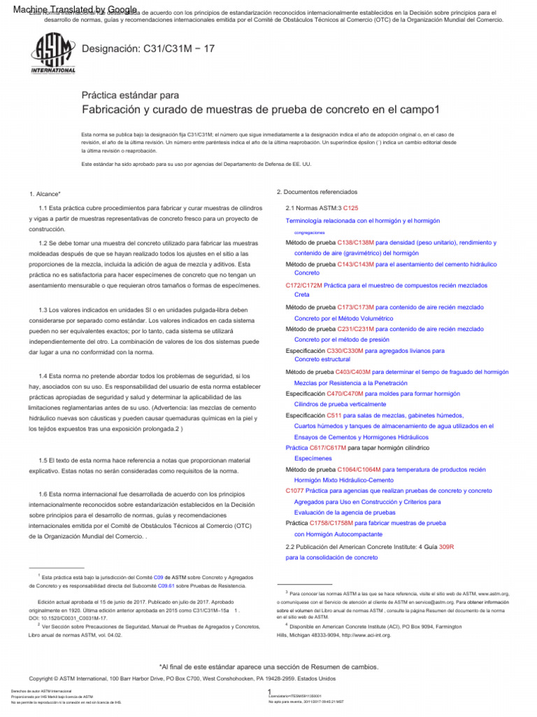 Astm C31-17 Esp Elab Cilindros y Vigas | PDF | Hormigón