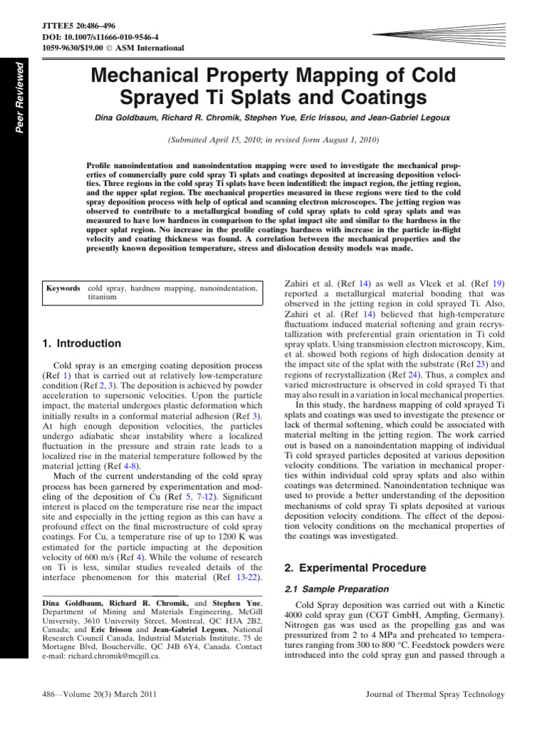 Mechanical Property Mapping of Cold Sprayed Ti Splats and Coatings ... Mechanical Property Mapping of Cold Sprayed Ti Splats and Coatings ...
