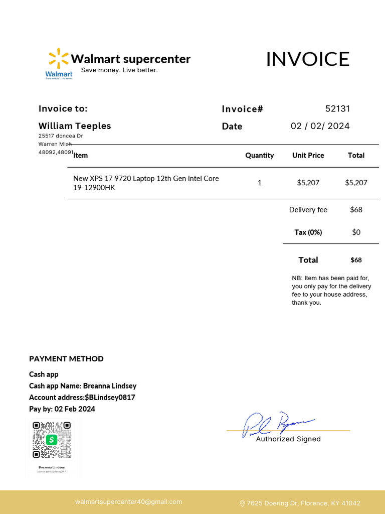Walmart Supercenter Delivery Receipt For Payment Completion | PDF